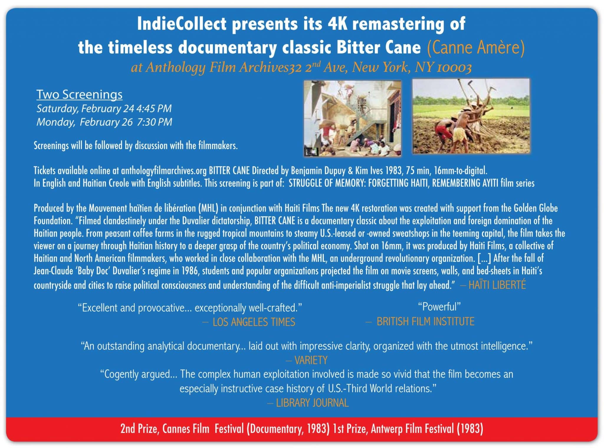 Bitter Cane, newly re-mastered, at Anthology Archives on Sat. Feb. 24 & Mon. Feb. 26, 2024